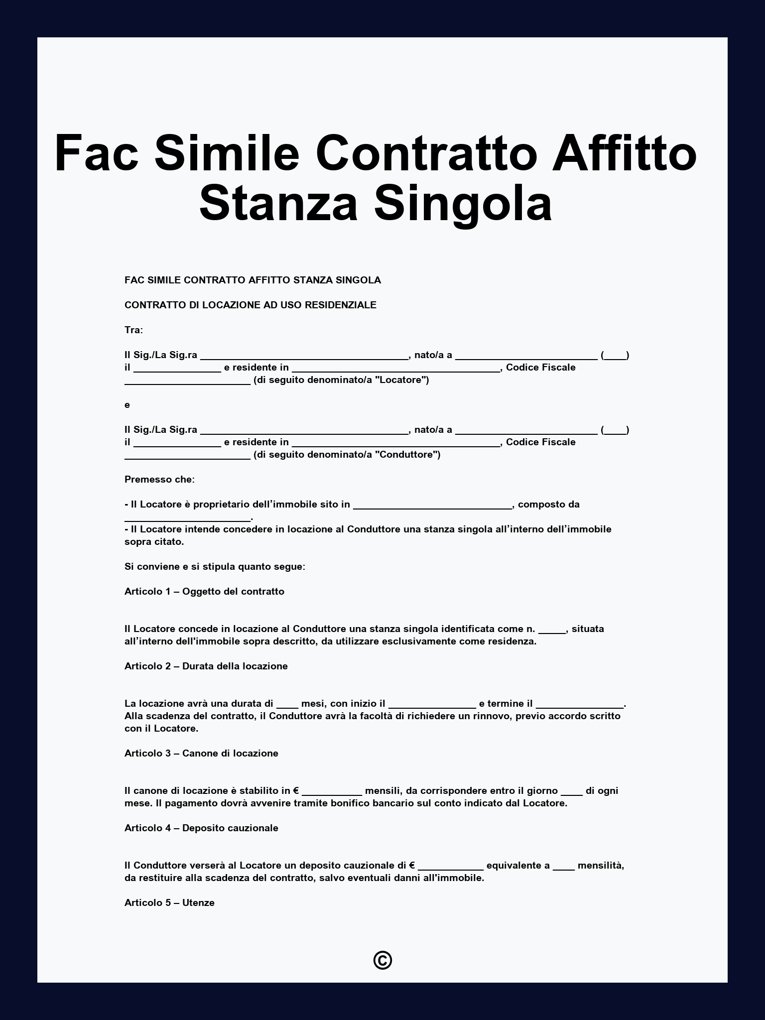 Fac Simile Contratto Affitto Stanza Singola