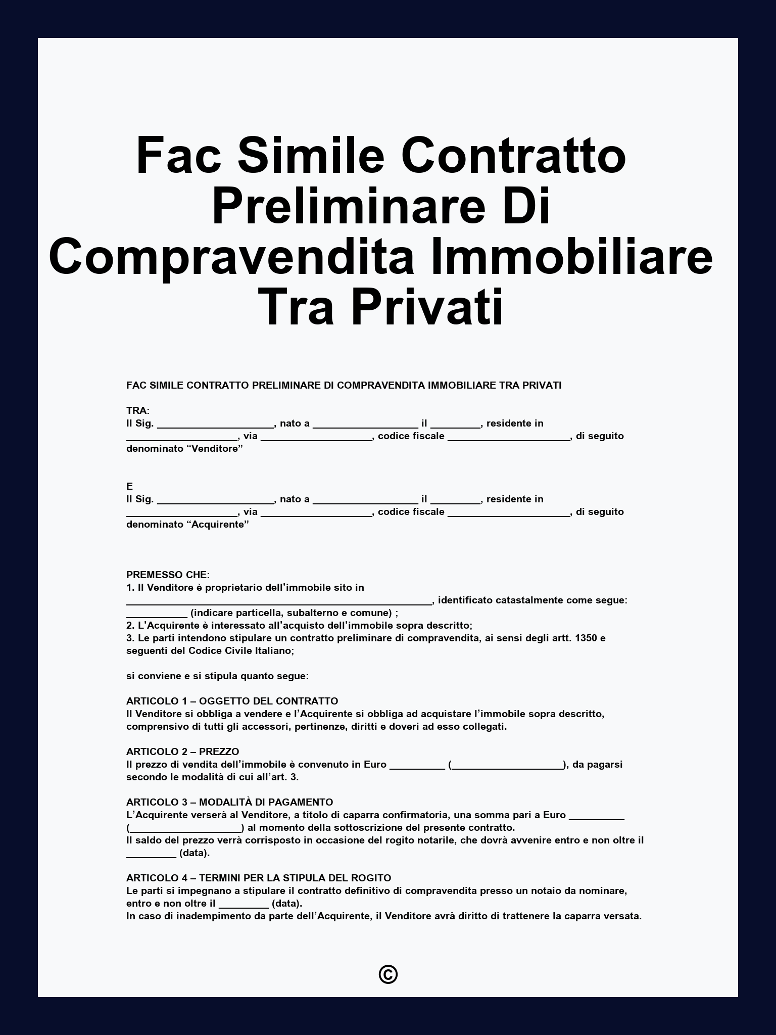 Fac Simile Contratto Preliminare Di Compravendita Immobiliare Tra Privati